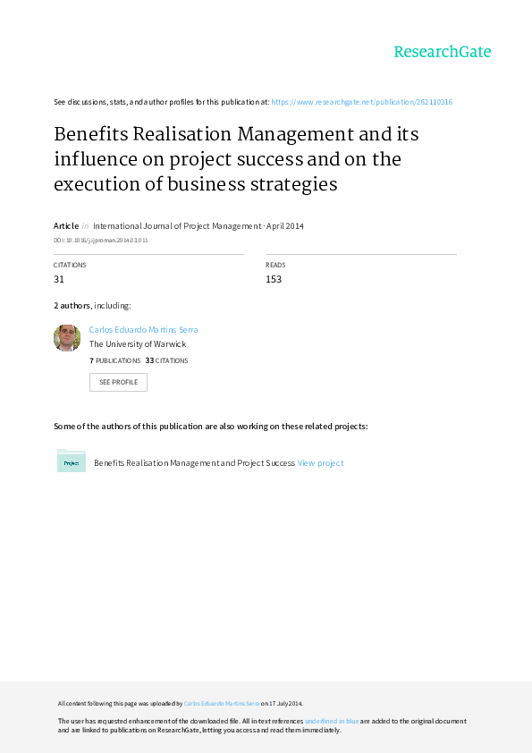 (PDF) Benefits Realisation Management and its influence on project ...