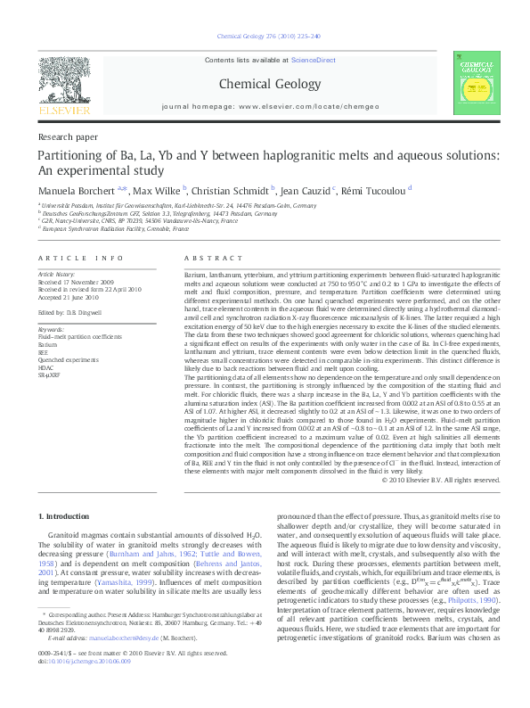 (PDF) Partitioning of Ba, La, Yb and Y between haplogranitic melts and aqueous solutions: An ...