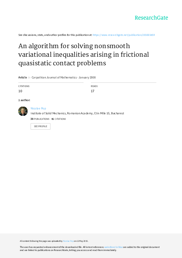 Pdf An Algorithm For Solving Nonsmooth Variational Inequalities Arising In Frictional