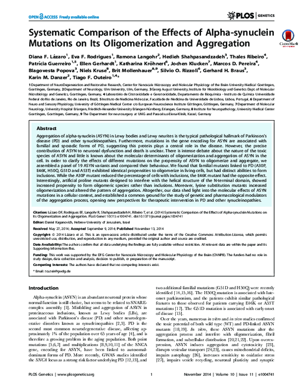 Pdf Systematic Comparison Of The Effects Of Alpha Synuclein Mutations On Its Oligomerization