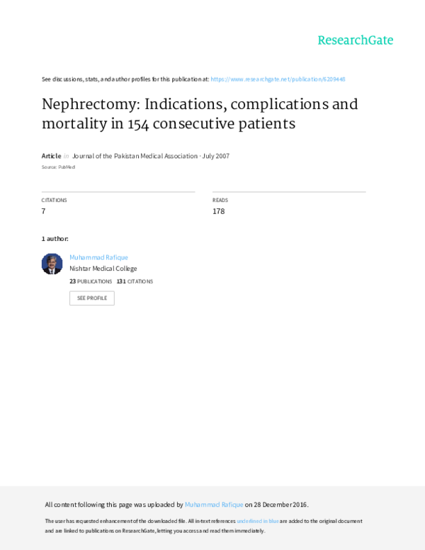 (PDF) Nephrectomy : Indications, complications and mortality in 154 consecutive patients