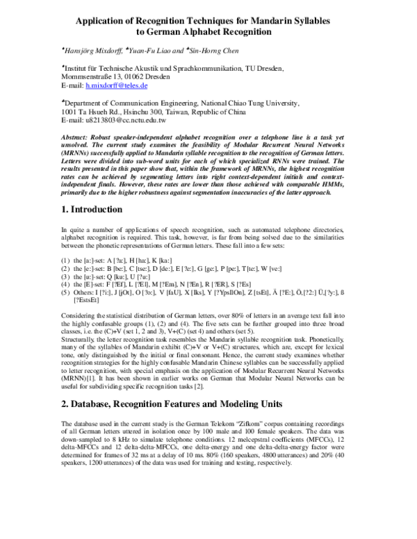 Pdf Application Of Recognition Techniques For Mandarin Syllables To