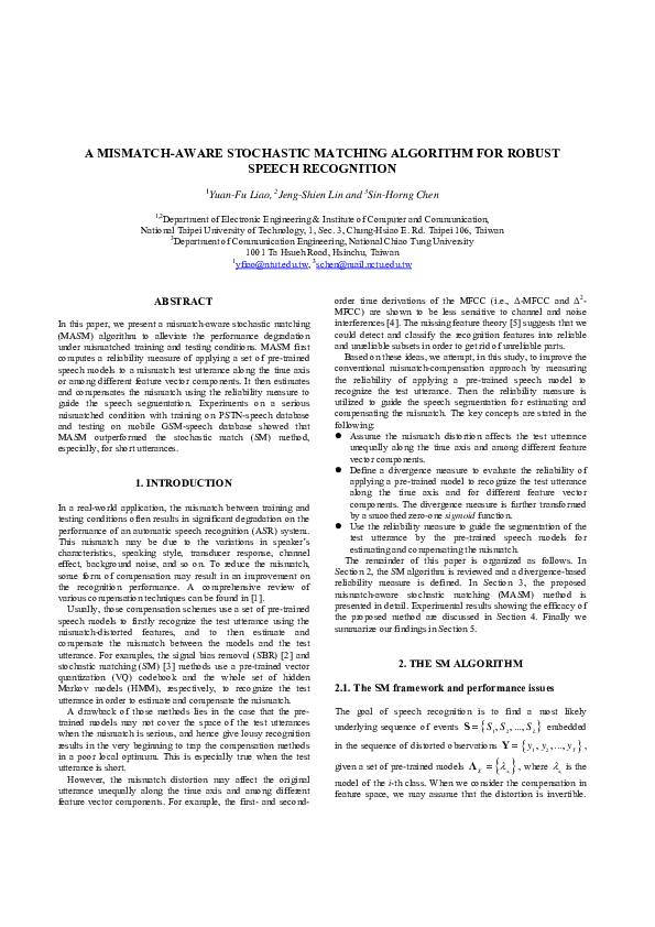 Pdf A Mismatch Aware Stochastic Matching Algorithm For Robust Speech Recognition 