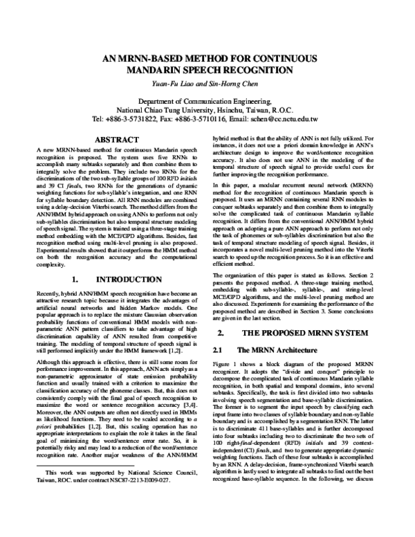(PDF) An MRNN-based method for continuous Mandarin speech recognition | Yuan-Fu Liao - Academia.edu