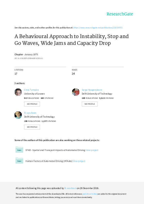 (PDF) Behavioural Approach To Instability, Stop & Go Waves, Wide Jams ...