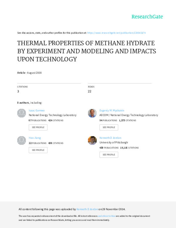 (PDF) Thermal Properties of Methane Hydrate by Experiment and Modeling and Impacts Upon Technology