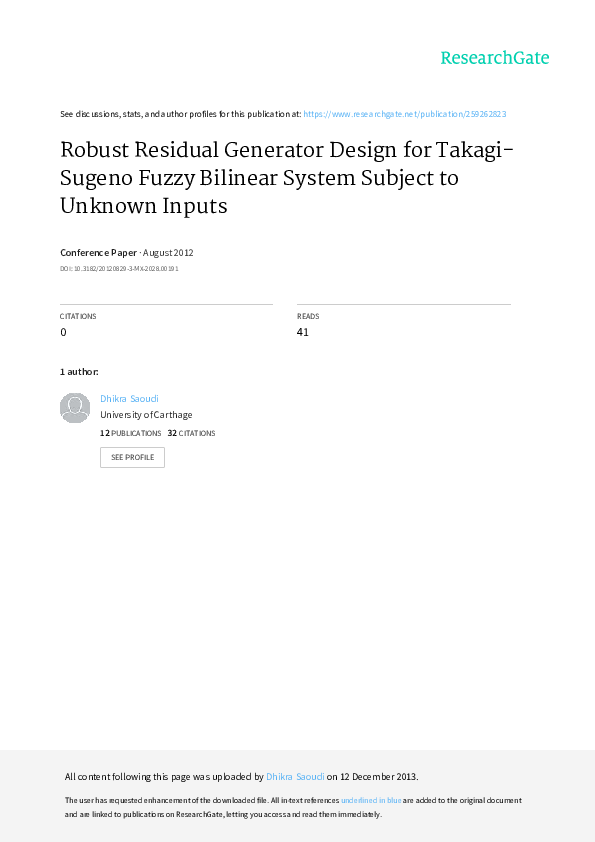 (PDF) Robust Residual Generator Design for Takagi-Sugeno Fuzzy Bilinear System Subject to ...