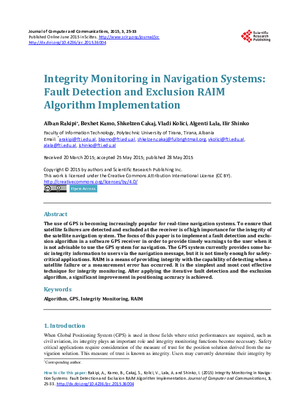 (PDF) Integrity Monitoring in Navigation Systems: Fault Detection and Exclusion RAIM Algorithm ...