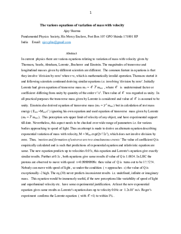 (DOC) The various equations of variation of mass with velocity