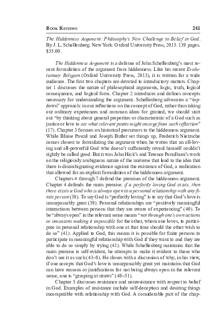 (PDF) Review of The Hiddenness Argument: Philosophy’s New Challenge to Belief in God by John ...