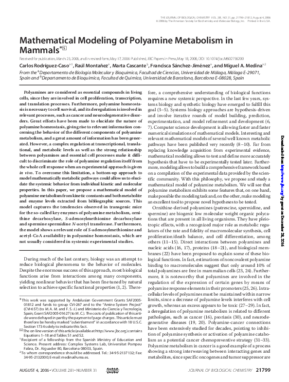 (PDF) Mathematical modeling of polyamine metabolism in mammals
