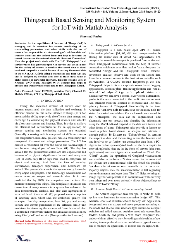 (PDF) Thingspeak Based Sensing and Monitoring System for IoT with Matlab Analysis