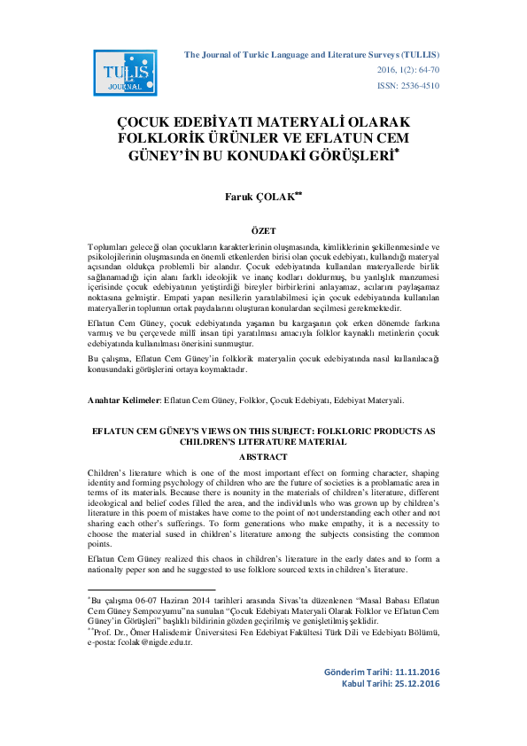 (PDF) FARUK ÇOLAK - ÇOCUK EDEBİYATI MATERYALİ OLARAK FOLKLORİK ÜRÜNLER ...