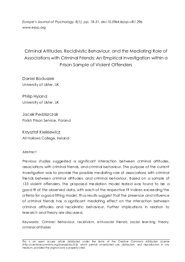 (PDF) Criminal Attitudes, Recidivistic Behaviour, and the Mediating ...