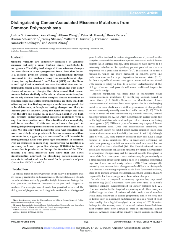 (PDF) Distinguishing cancer-associated missense mutations from common ...