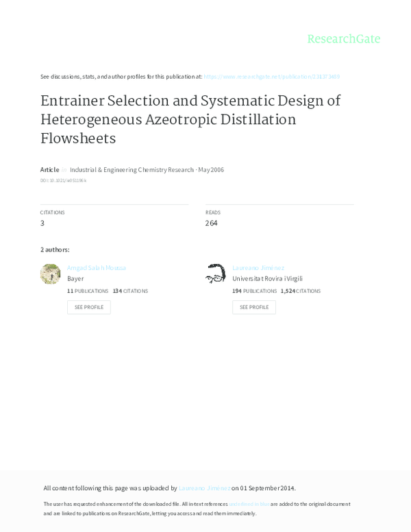 (PDF) Entrainer selection and systematic design of heterogeneous ...