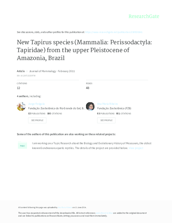 (PDF) New Tapirus species (Mammalia: Perissodactyla: Tapiridae) from ...