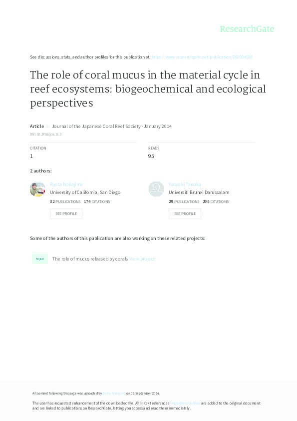 (PDF) The role of coral mucus in the material cycle in reef ecosystems ...