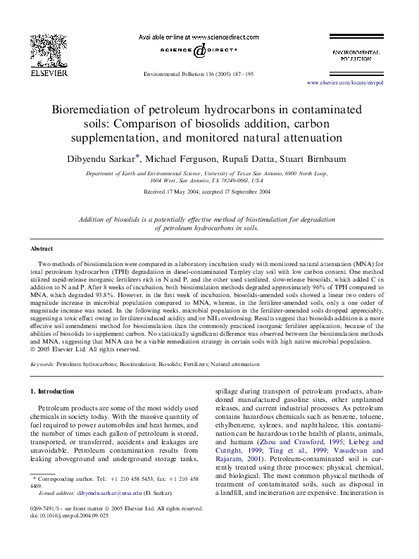 (PDF) Bioremediation of petroleum hydrocarbons in contaminated soils: comparison of biosolids ...