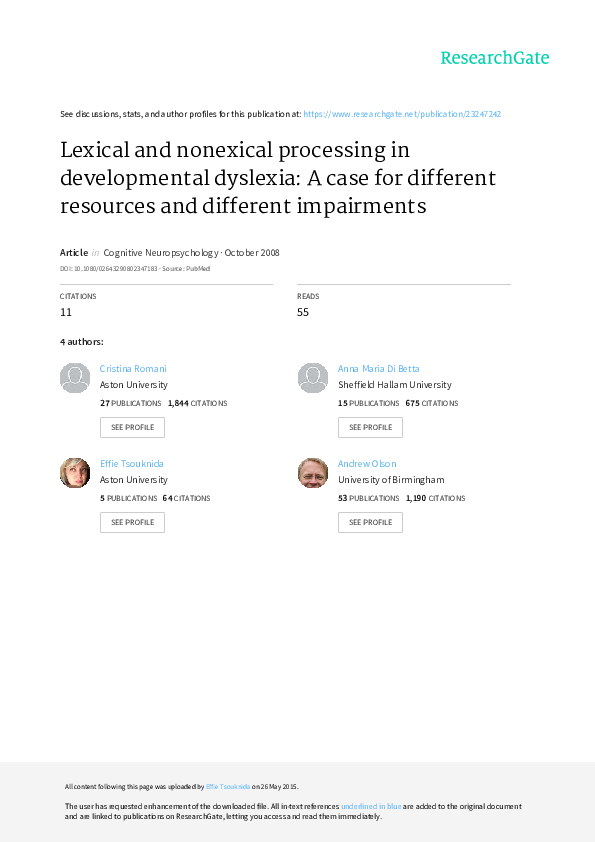 (PDF) Lexical and nonlexical processing in developmental dyslexia: A ...