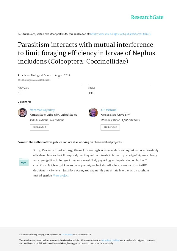 (PDF) Parasitism interacts with mutual interference to limit foraging ...