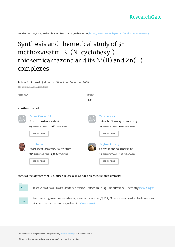 (PDF) Synthesis and theoretical study of 5-methoxyisatin-3-(N-cyclohexyl) thiosemicarbazone and ...