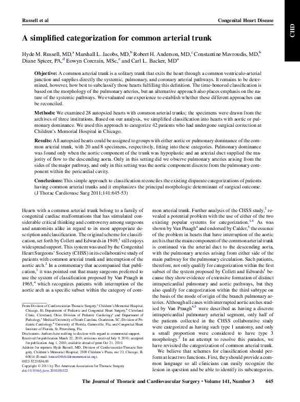 (PDF) A simplified categorization for common arterial trunk