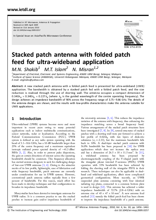 (PDF) Stacked patch antenna with folded patch feed for ultra-wideband ...