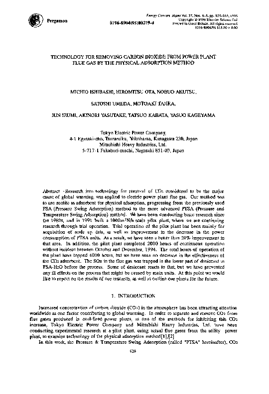 (PDF) Technology for removing carbon dioxide from power plant flue gas by the physical ...