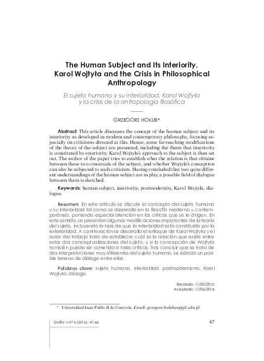 (PDF) The Human Subject and Its Interiority. Karol Wojtyła and the ...