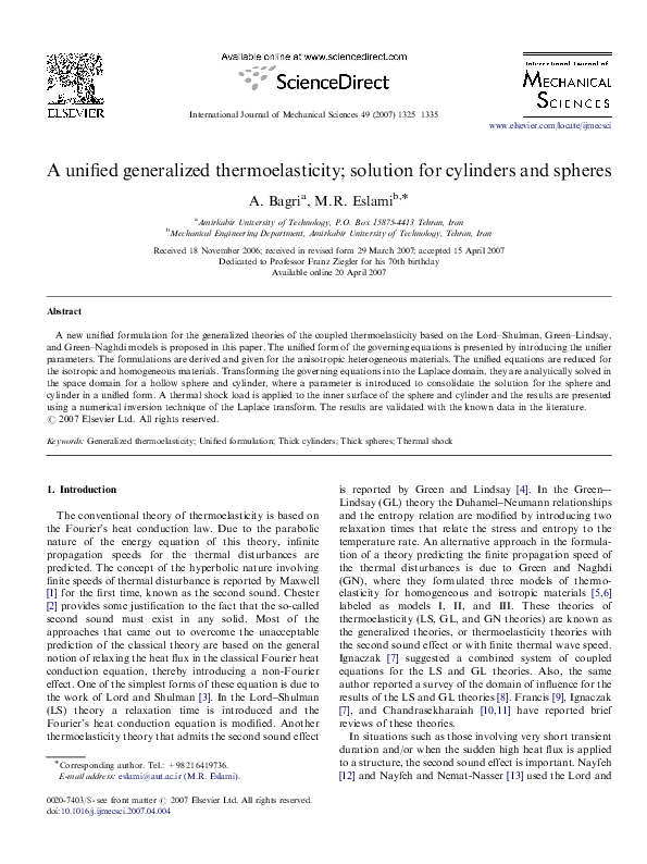 Pdf A Unified Generalized Thermoelasticity Solution For Cylinders