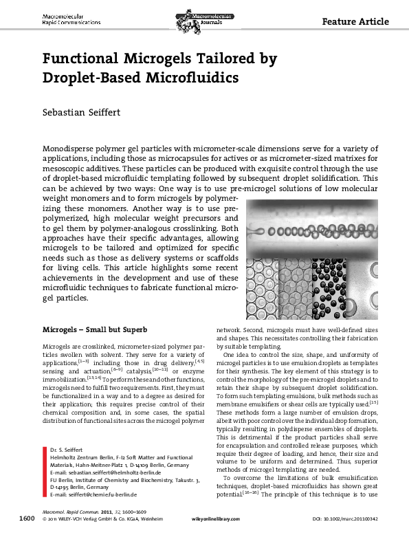 (PDF) Functional Microgels Tailored by Droplet‐Based Microfluidics