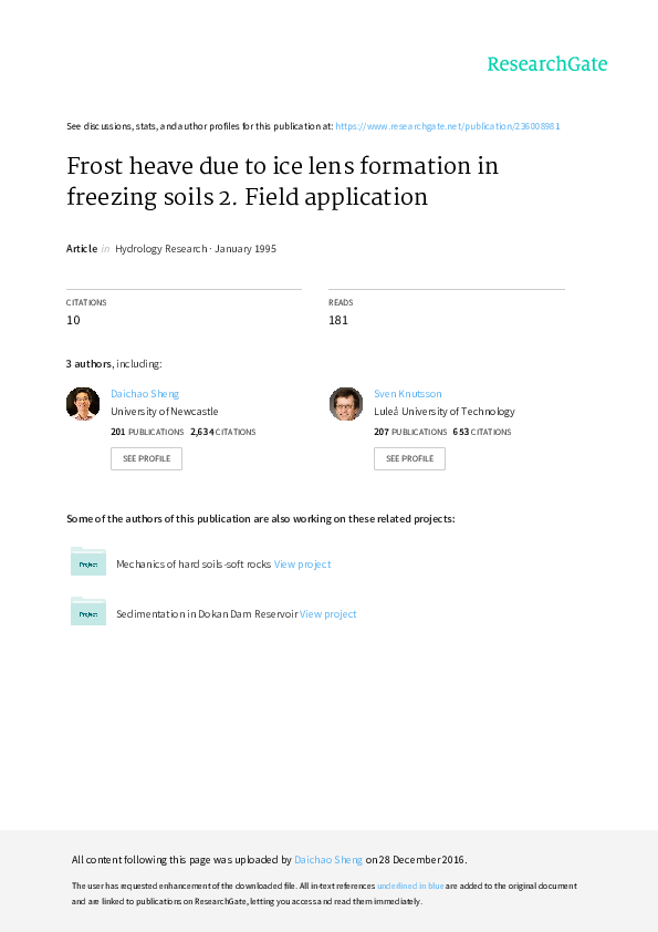 (PDF) Frost Heave due to Ice Lens Formation in Freezing Soils 2. Field ...