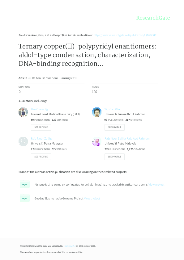 (PDF) Ternary copper(ii)-polypyridyl enantiomers: aldol-type condensation, characterization, DNA ...