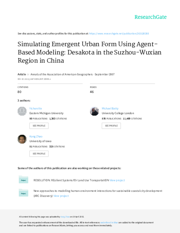 (PDF) Simulating Emergent Urban Form Using Agent‐Based Modeling: Desakota in the Suzhou‐Wuxian ...