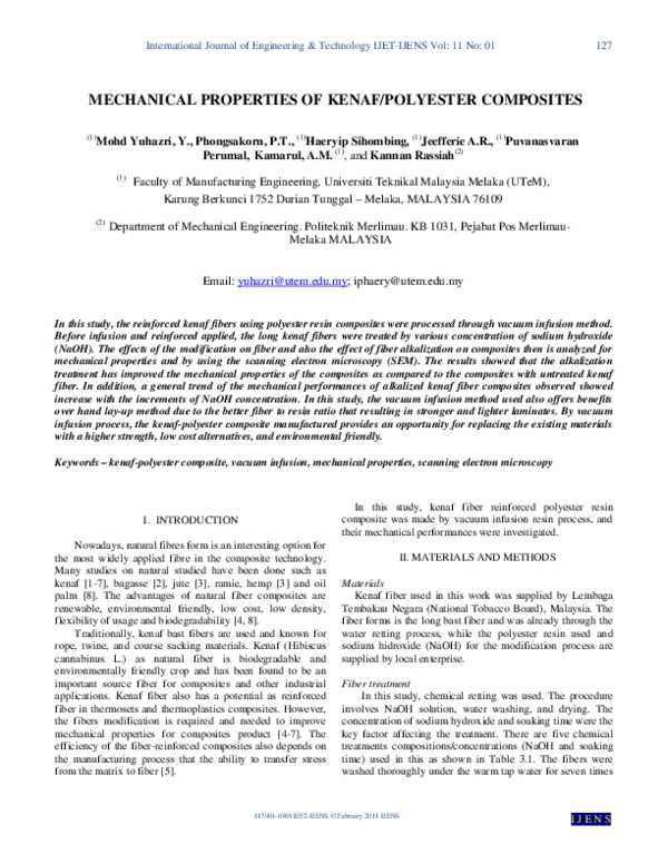 (PDF) MECHANICAL PROPERTIES OF KENAF/POLYESTER COMPOSITES | Kamarul ...