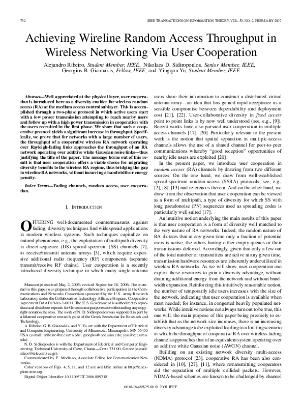 (PDF) Achieving Wireline Random Access Throughput in Wireless Networking Via User Cooperation