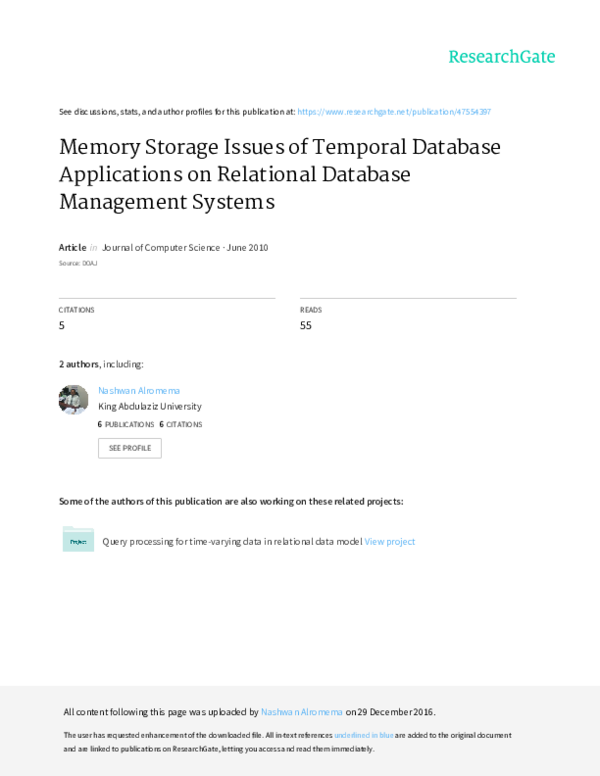 Pdf Memory Storage Issues Of Temporal Database Applications On Relational Database Management