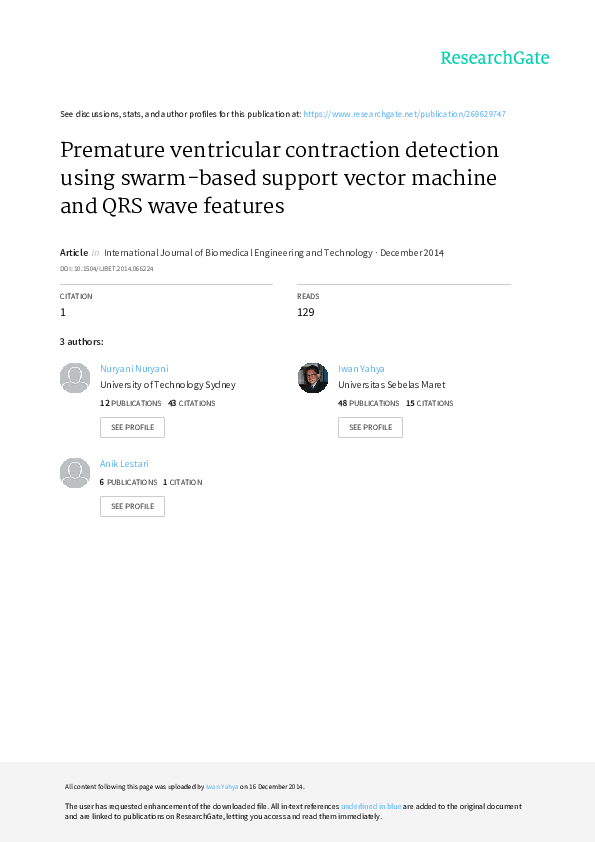 (PDF) Premature ventricular contraction detection using swarm-based support vector machine and ...