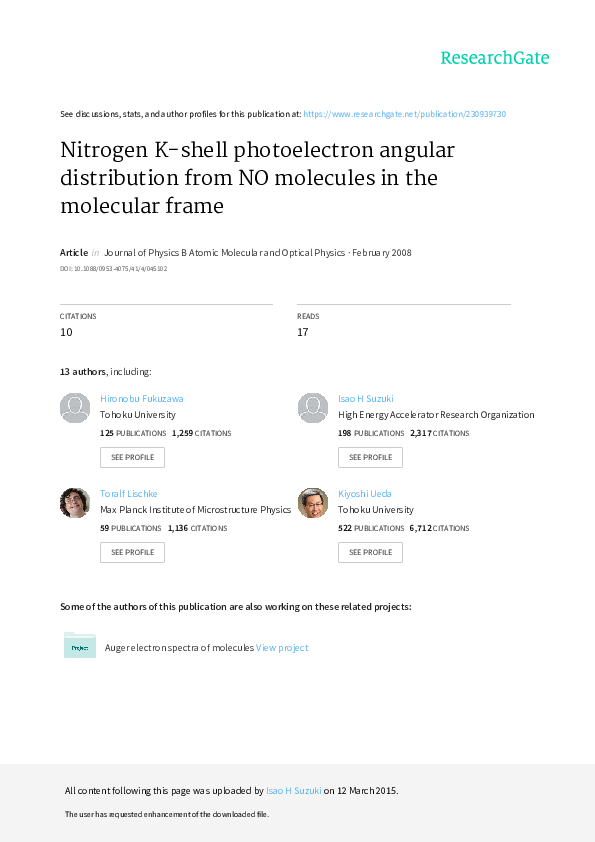 (PDF) Nitrogen K-shell photoelectron angular distribution from NO molecules in the molecular ...