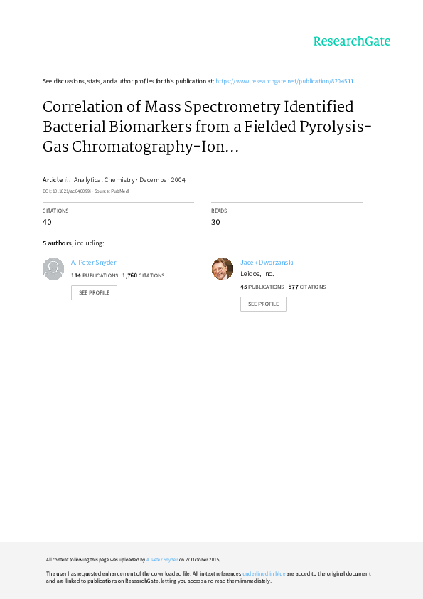 (PDF) Correlation of Mass Spectrometry Identified Bacterial Biomarkers from a Fielded Pyrolysis ...