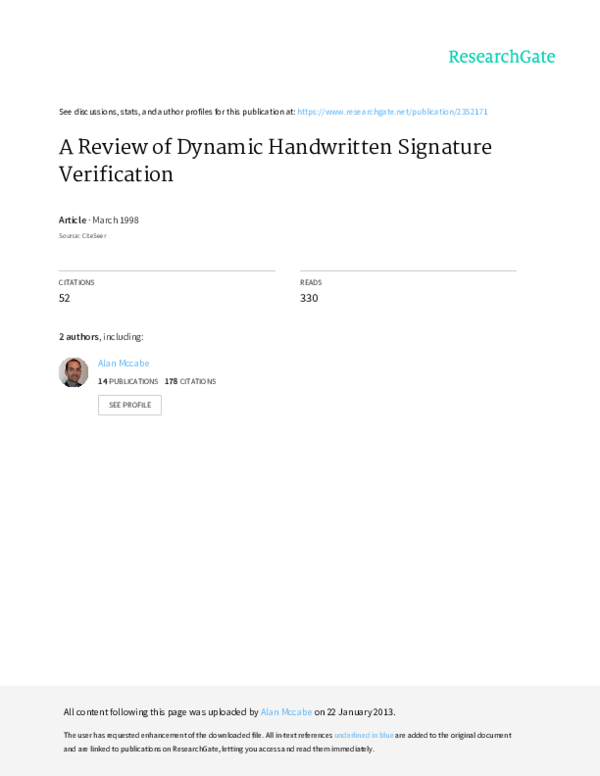 Pdf A Review Of Dynamic Handwritten Signature Verification