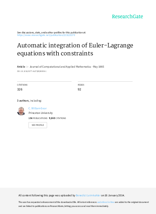 (PDF) Automatic integration of Euler-Lagrange equations with constraints