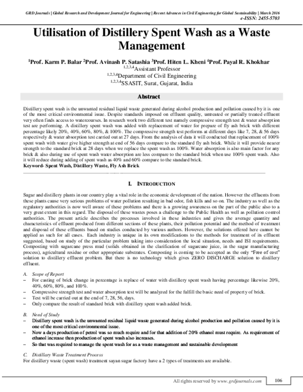 (PDF) Utilisation of Distillery Spent Wash as a Waste Management