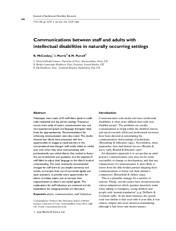 (PDF) Communications between staff and adults with intellectual ...