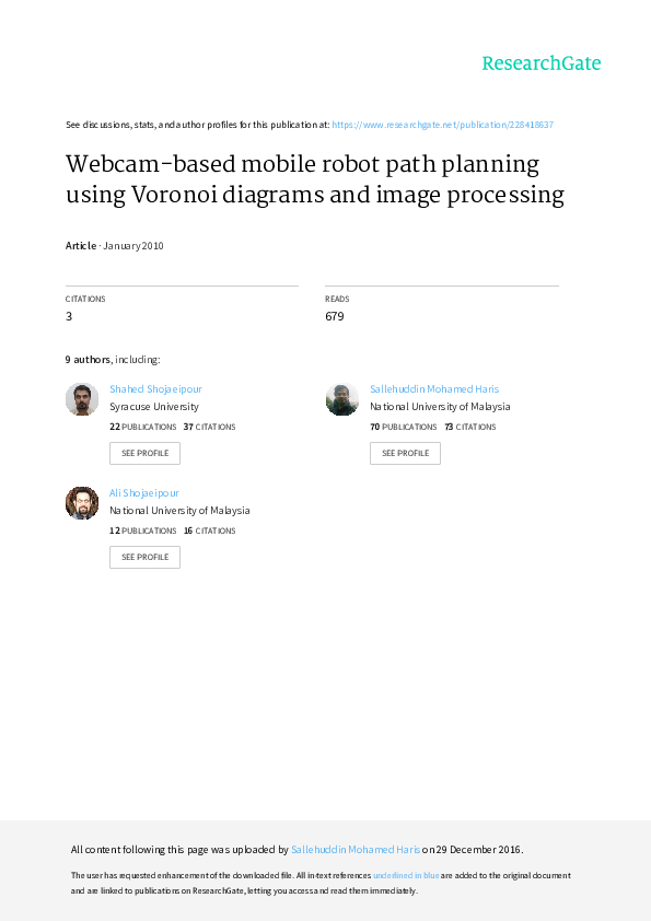 (PDF) Webcam-based mobile robot path planning using Voronoi diagrams and image processing