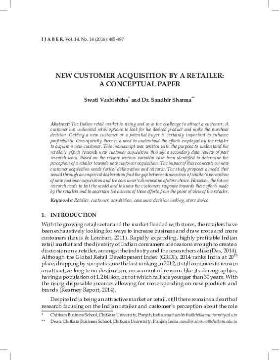 (PDF) NEW CUSTOMER ACQUISITION BY A RETAILER: A CONCEPTUAL PAPER