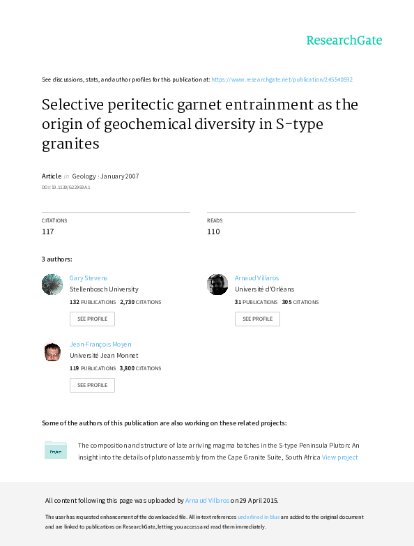 (PDF) Selective peritectic garnet entrainment as the origin of ...