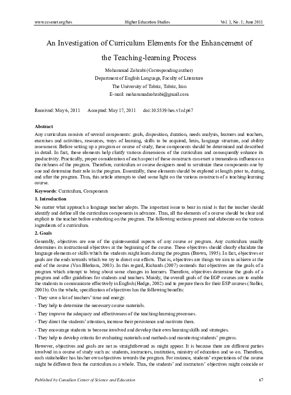 (PDF) An Investigation of Curriculum Elements for the Enhancement of ...