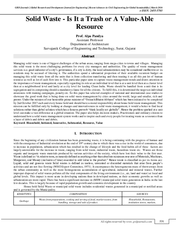 (PDF) Solid Waste -Is It a Trash or A Value-Able Resource